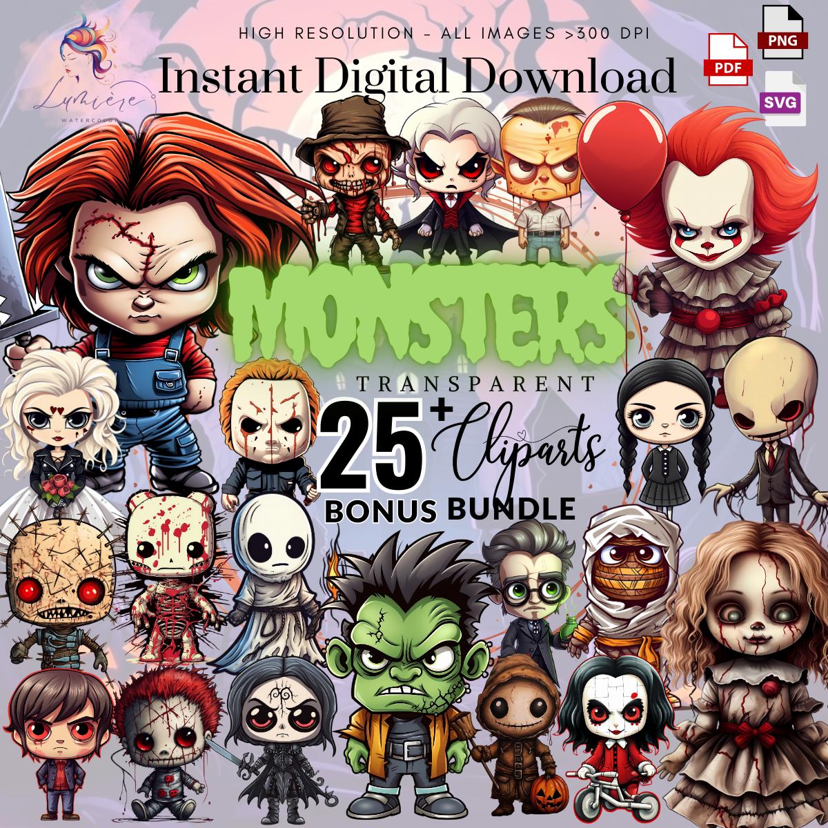 Halloween Monsters Clipart~ 26+ Classic Movie Characters PNG~ Horror ...