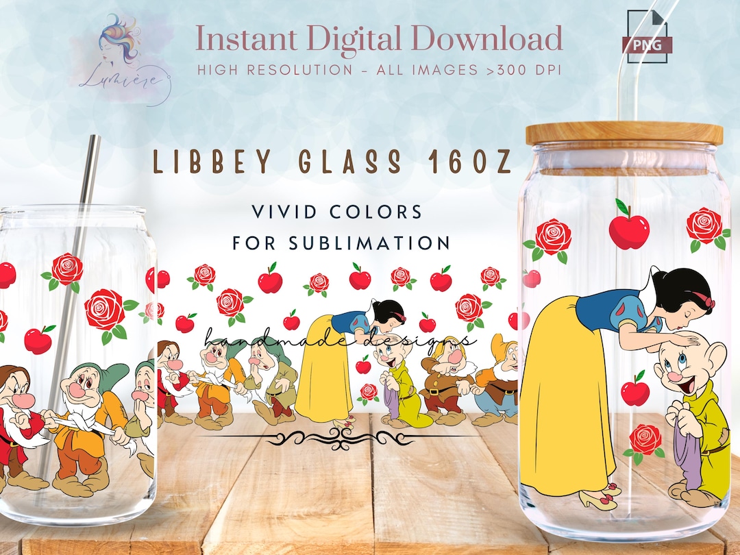Princess 16oz Libbey Glass Can Wrap ~ Cartoon Princess 16 Oz Tumbler Wrap ~ Dwarfs PNG~ Glass ...