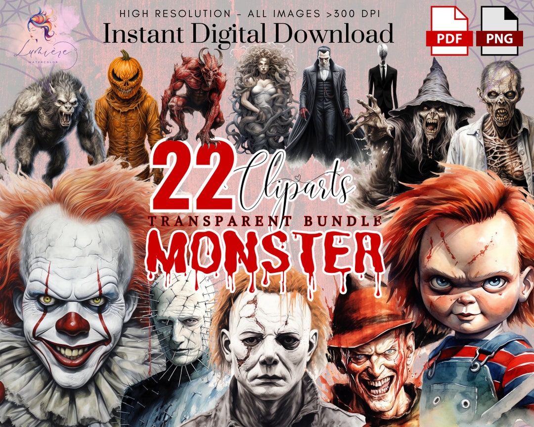 Halloween Monsters Clipart~ 22 Watercolor Movie Characters PNG~ Horror ...