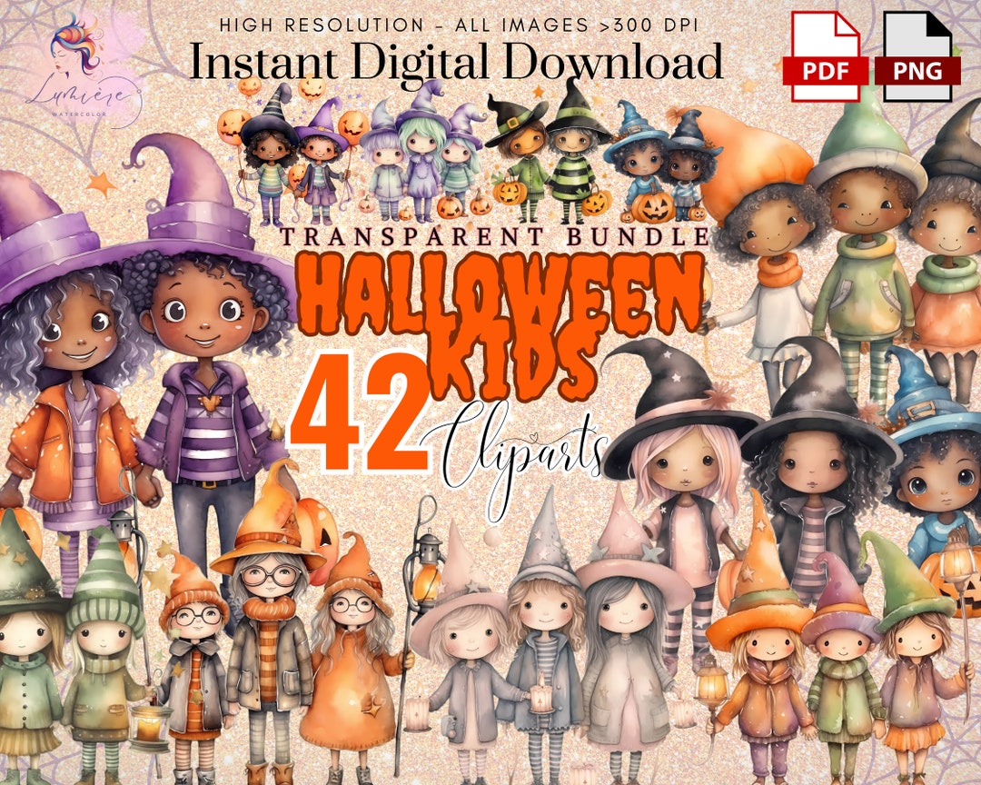 Halloween Kids Clipart~ 42 Watercolor Spooky Kids~ Black Kids ...
