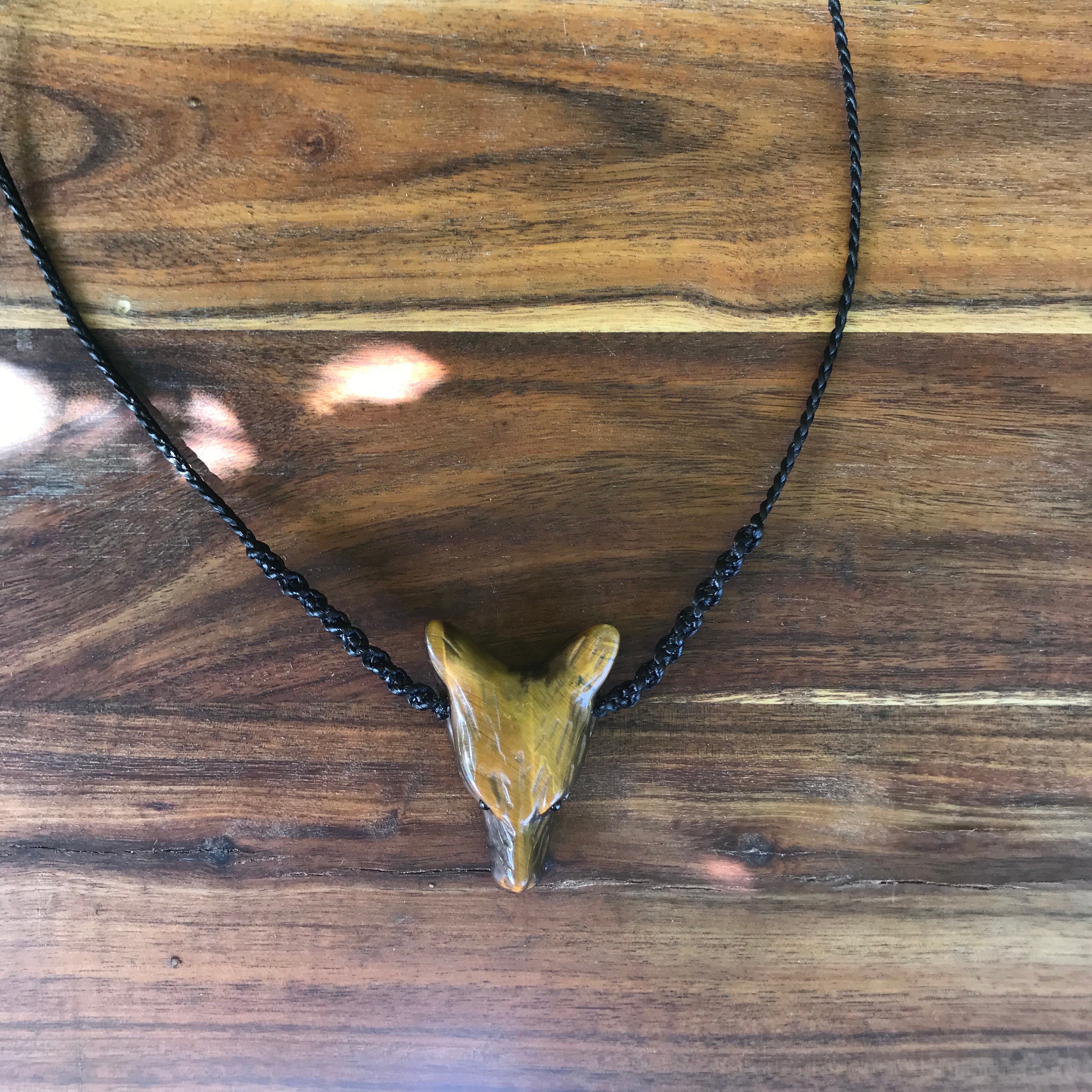 Tiger's Eye Wolf Head Macrame Necklace, Black - Etsy
