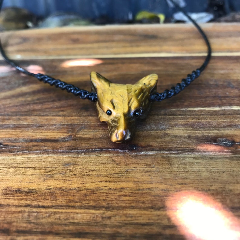 Tiger's Eye Wolf Head Macrame Necklace, Black - Etsy