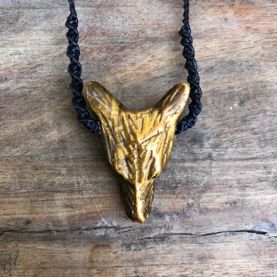 Tiger's Eye Wolf Head Macrame Necklace. Boho Gift - Etsy