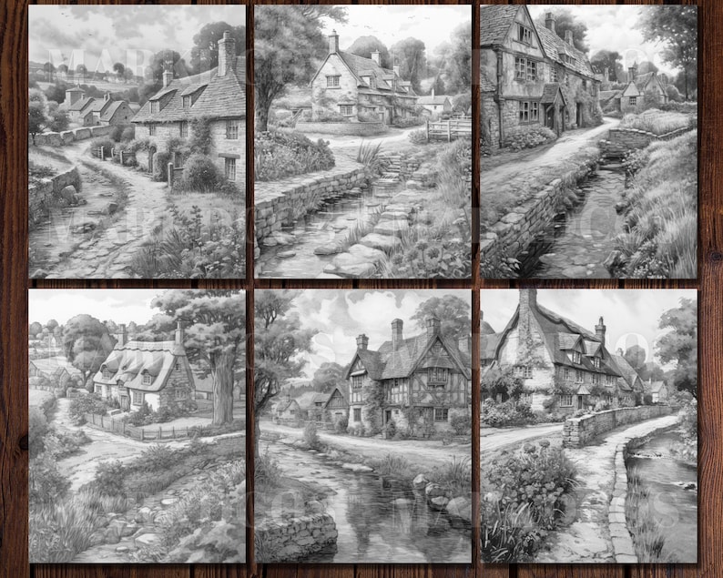 41 English Countryside Coloring Book, Grayscale Coloring Book for ...
