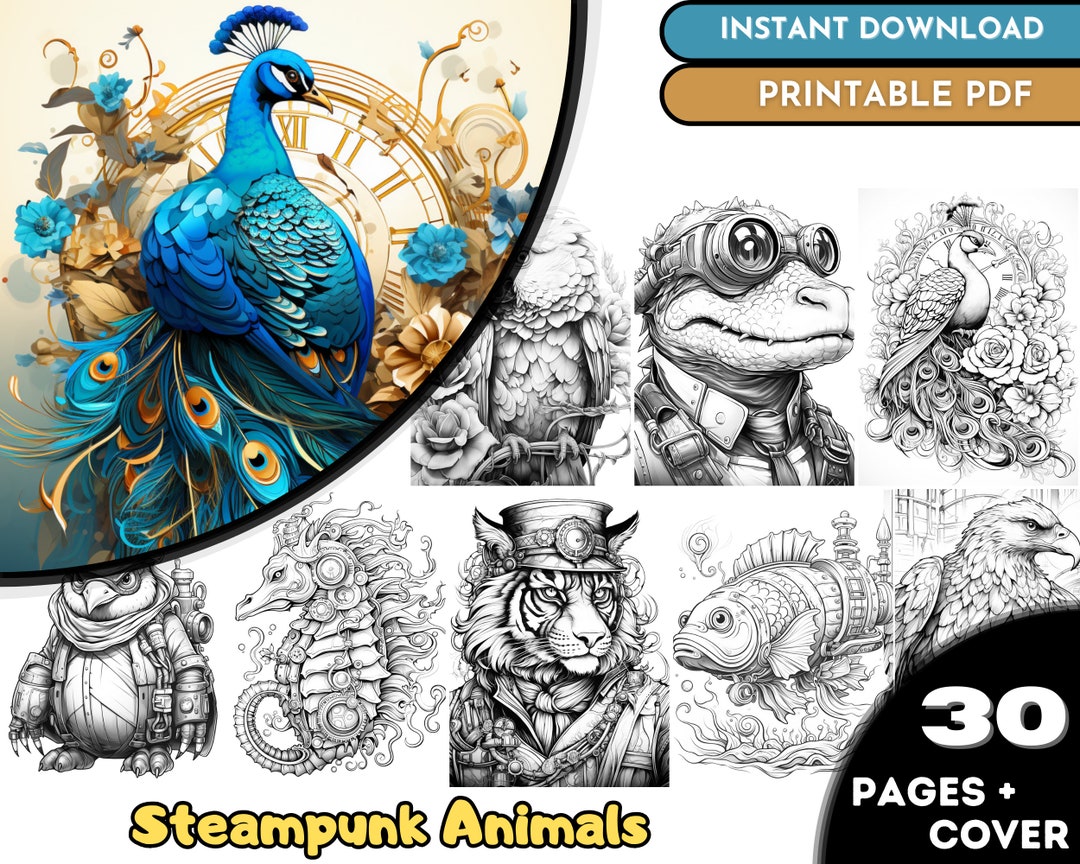 30 Steampunk Animals Coloring Book, Adults + Kids Coloring Pages ...