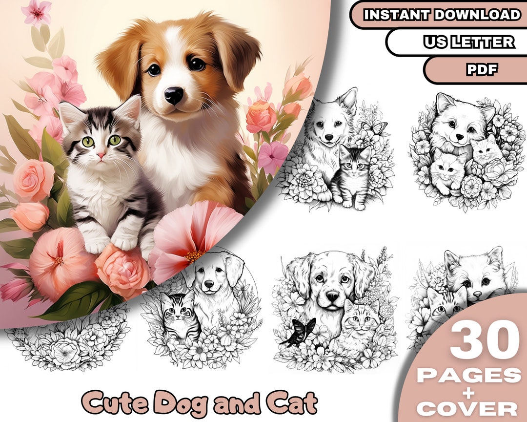 30 Cute Dog and Cat Coloring, Adults & Kids Coloring Pages, Grayscale ...