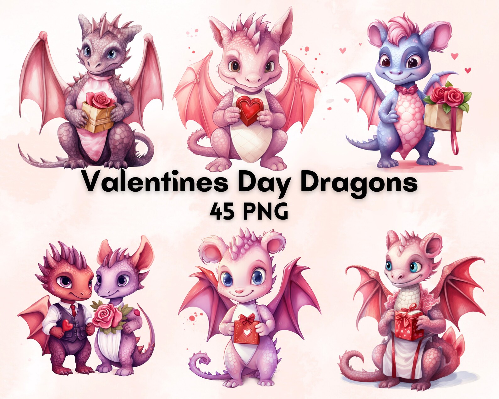 45 PNG Watercolor Valentine's Day Dragons Clip Art, Love Couple Dragon ...