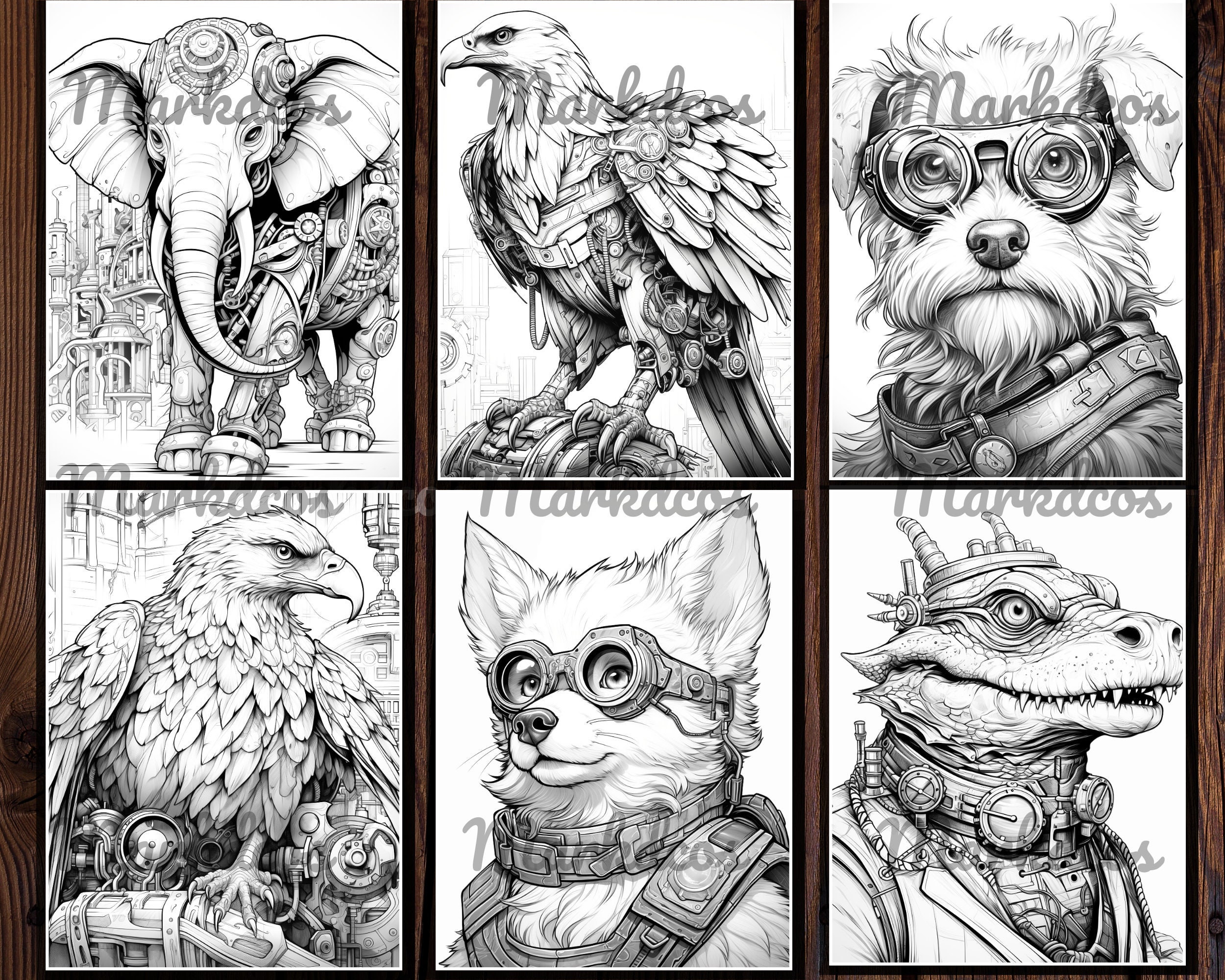 30 Steampunk Animals Coloring Book, Adults Kids Coloring Pages, Digital ...
