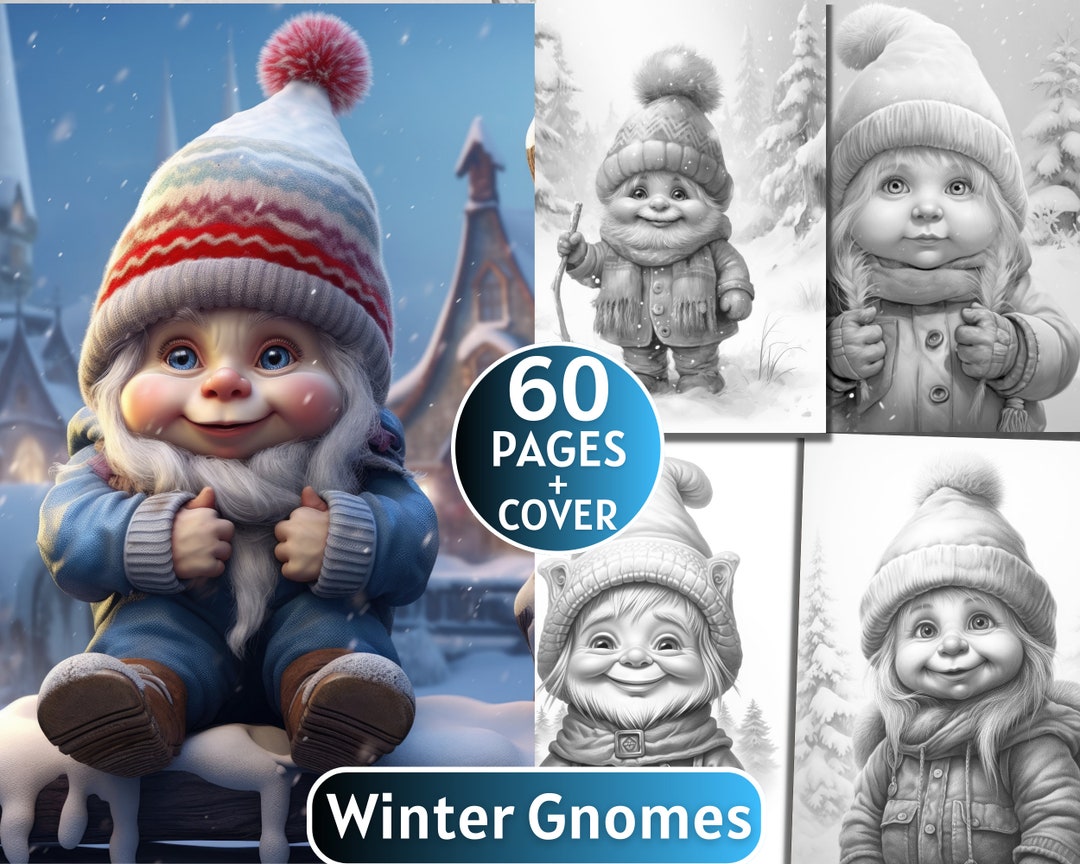 60 Winter Gnomes Coloring Book, Grayscale Coloring Book for Adults and ...