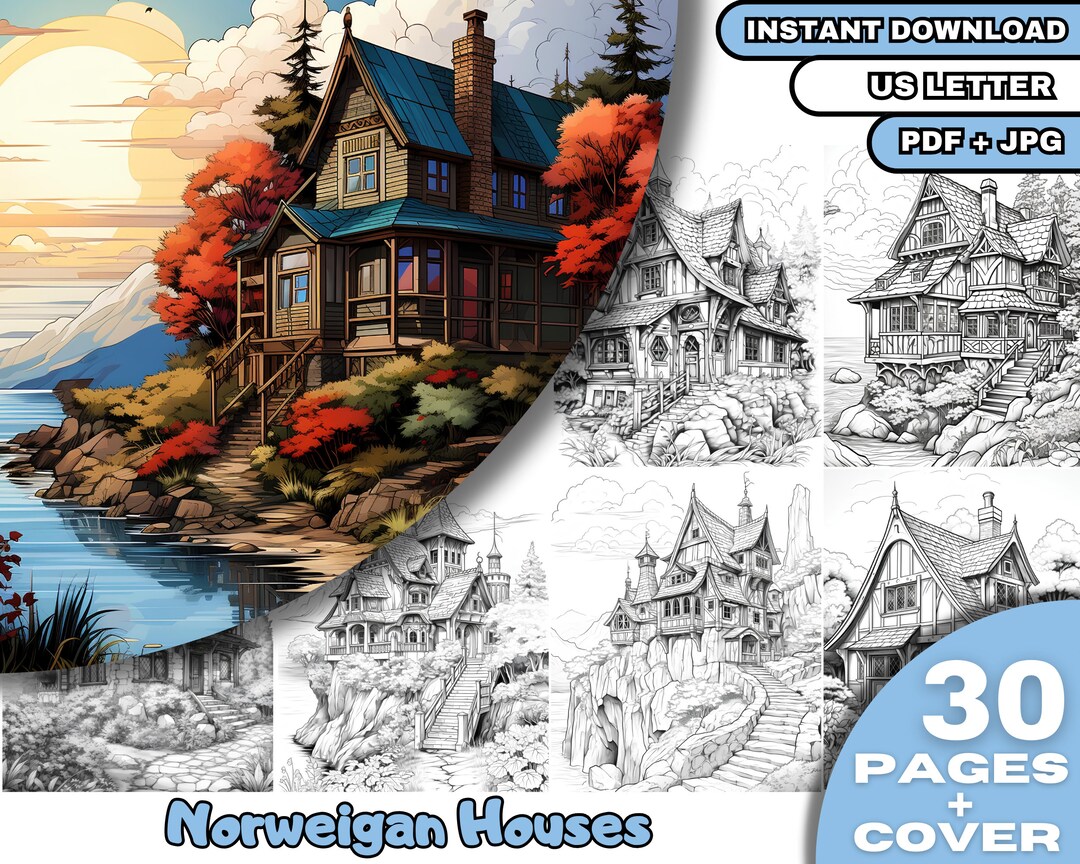 30 Norwegian Houses Coloring, Adults & Kids Coloring Pages, Grayscale ...