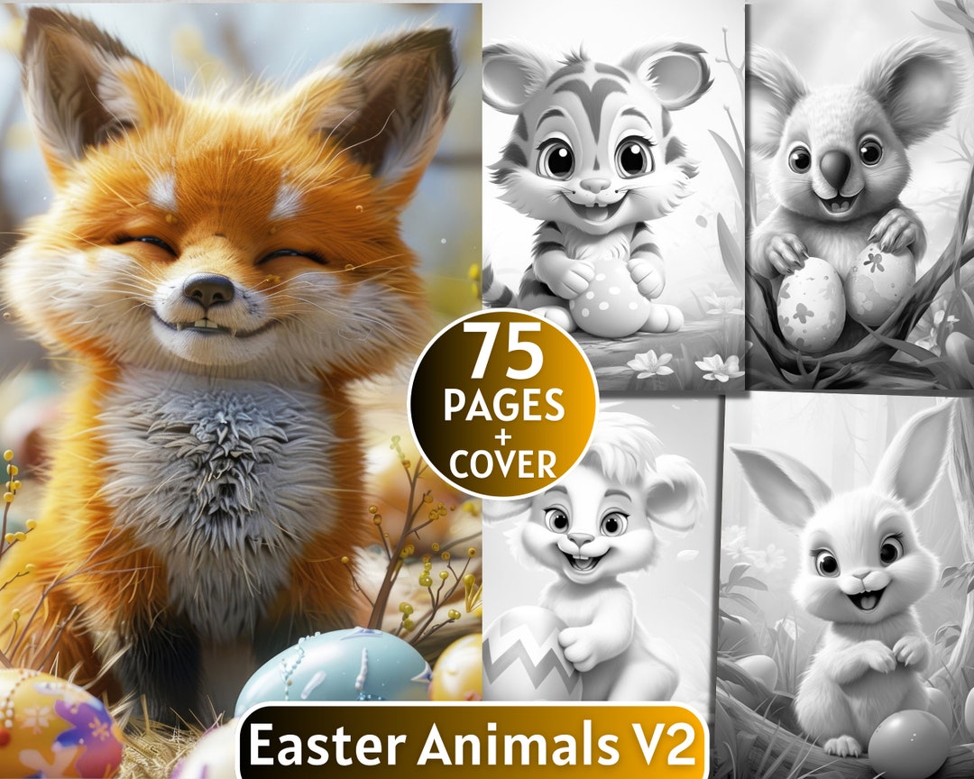 75 Easter Animals V2 Coloring Book, Grayscale Coloring Book for Adults ...