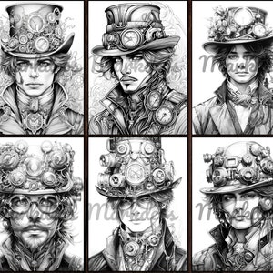 70 Steampunk Men Coloring Book, Adults & Kids Coloring Pages, Grayscale ...