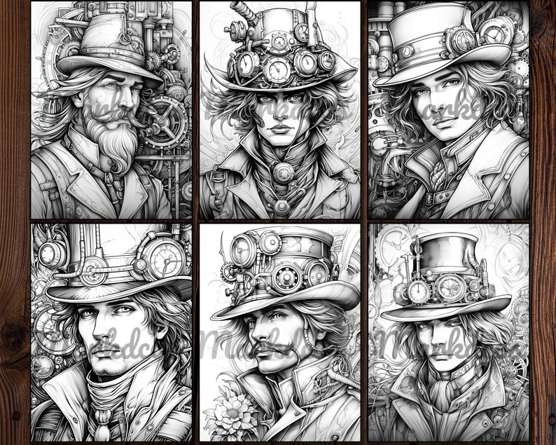 70 Steampunk Men Coloring Book, Adults & Kids Coloring Pages, Grayscale ...