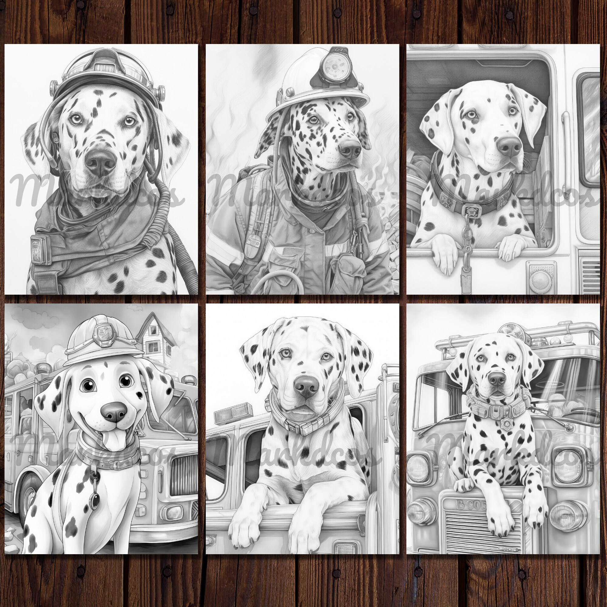 44 Dalmatian Firefighter Dog Coloring Book, Grayscale Coloring Book for ...