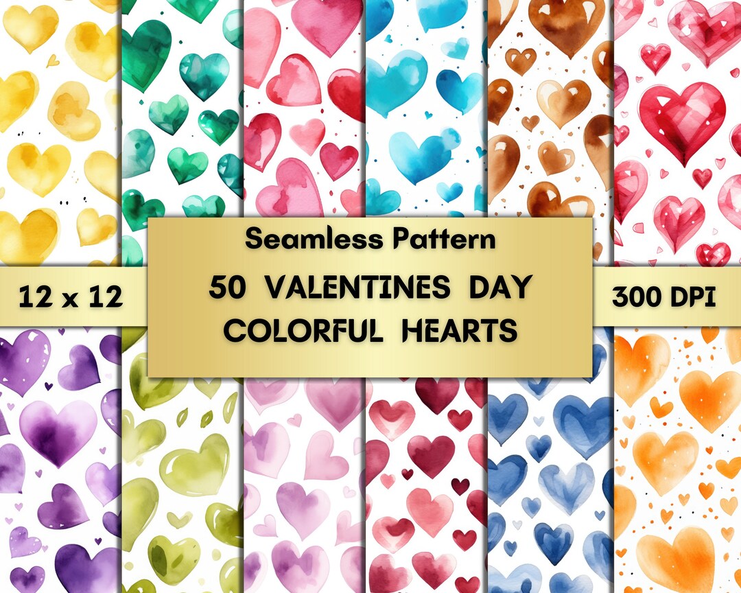 50 Seamless Pattern Watercolor Colorful Hearts Valentine's Day, Heart ...
