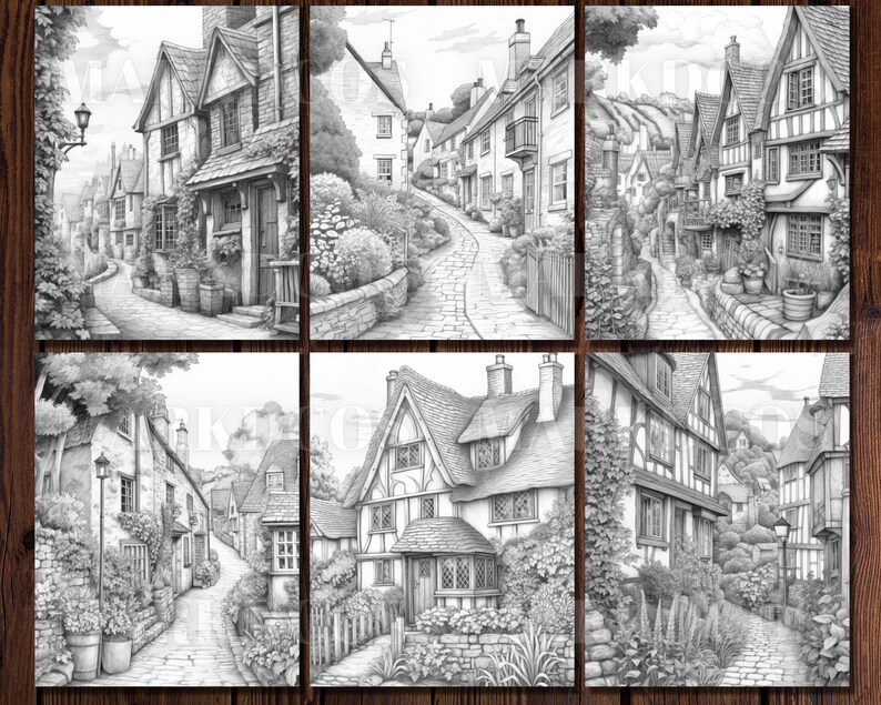 41 English Countryside Coloring Book, Grayscale Coloring Book for ...