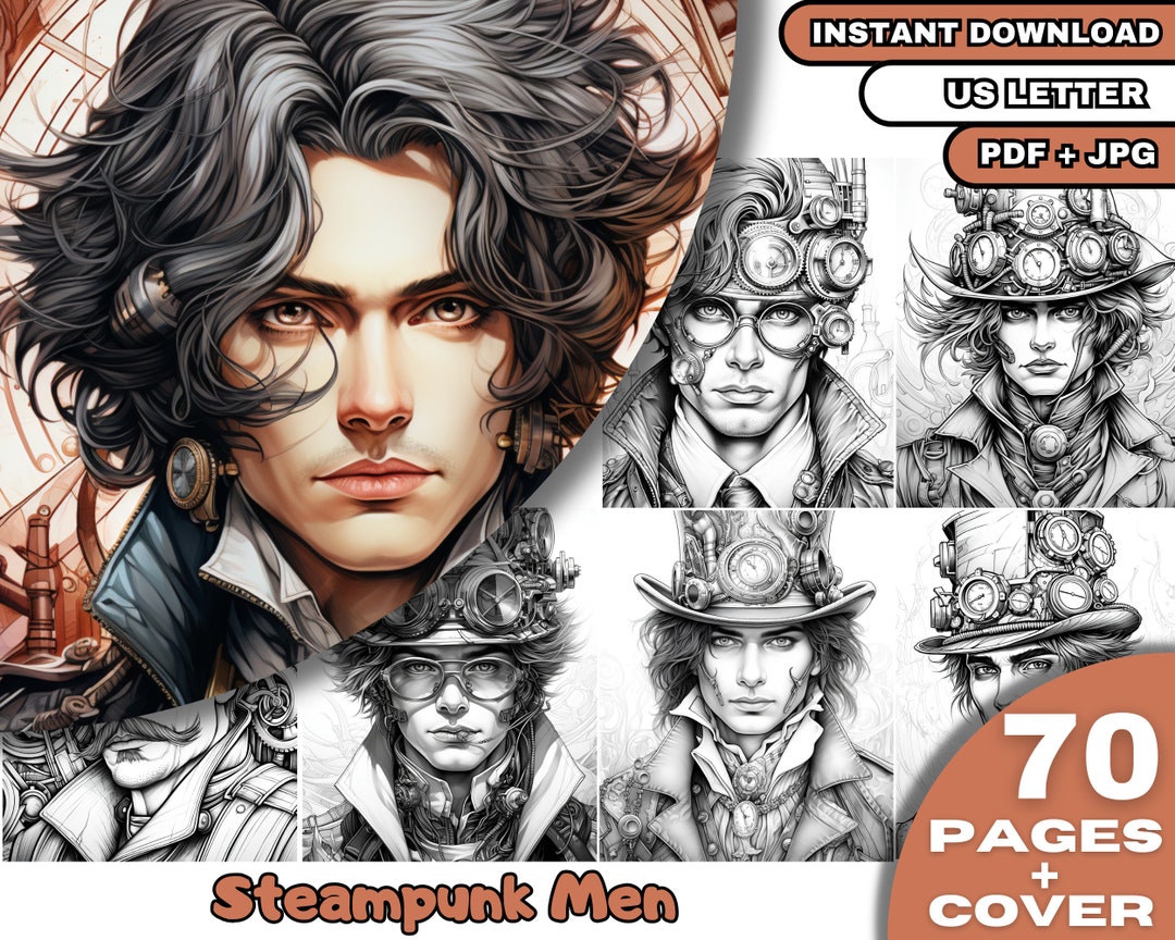 70 Steampunk Men Coloring Book, Adults & Kids Coloring Pages, Grayscale ...