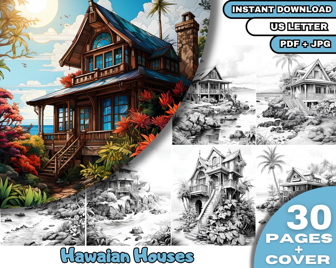 30 Hawaiian Houses Coloring, Adults & Kids Coloring Pages, Grayscale ...