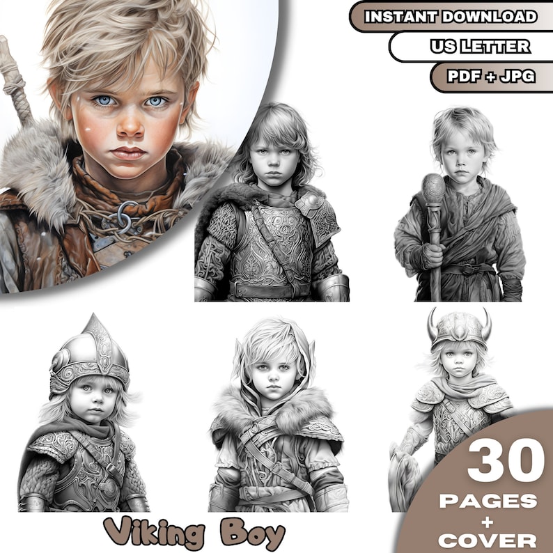 30 Viking Boy Coloring Book, Adults & Kids Coloring Pages, Grayscale ...