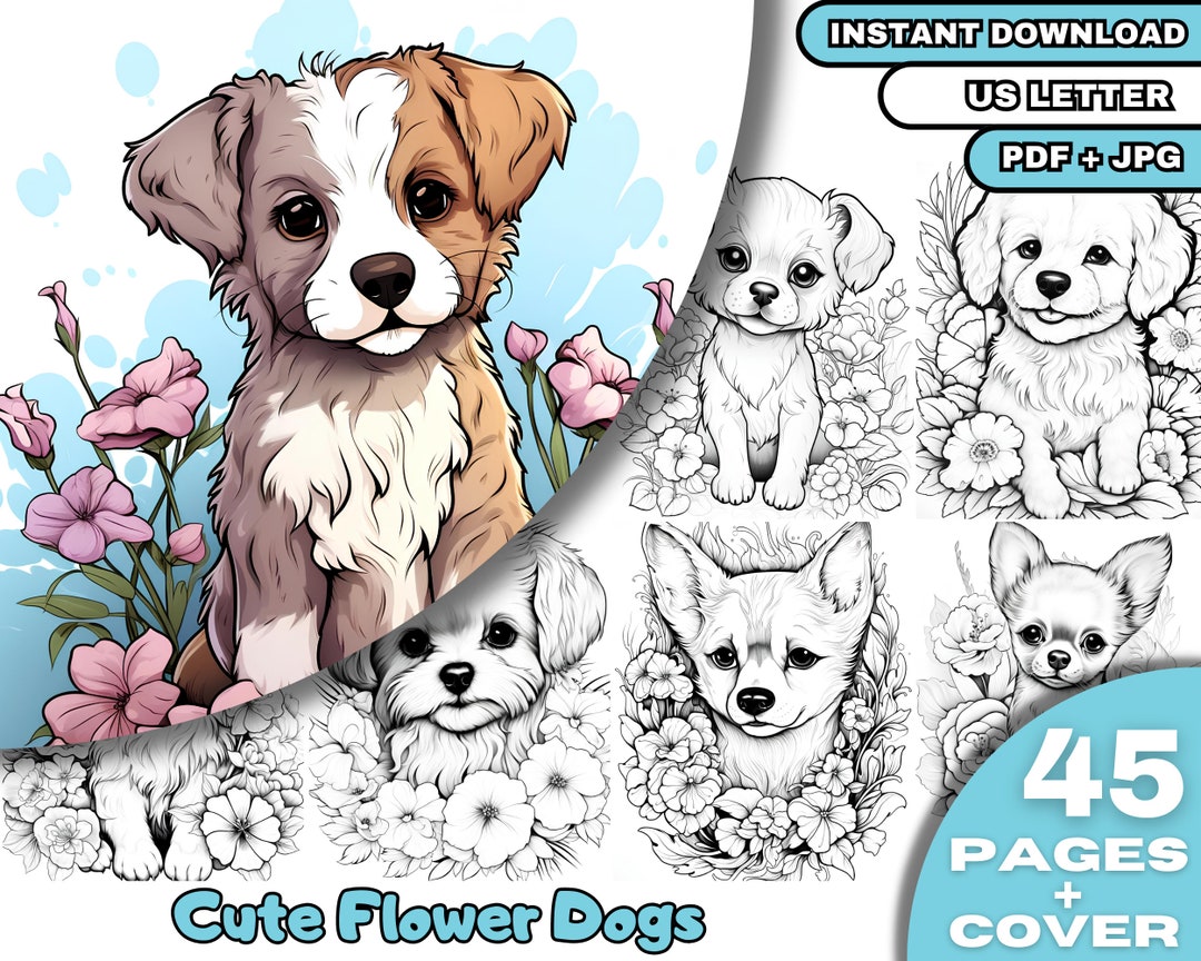 45 Cute Flower Dog Coloring, Adults & Kids Coloring Pages, Grayscale ...