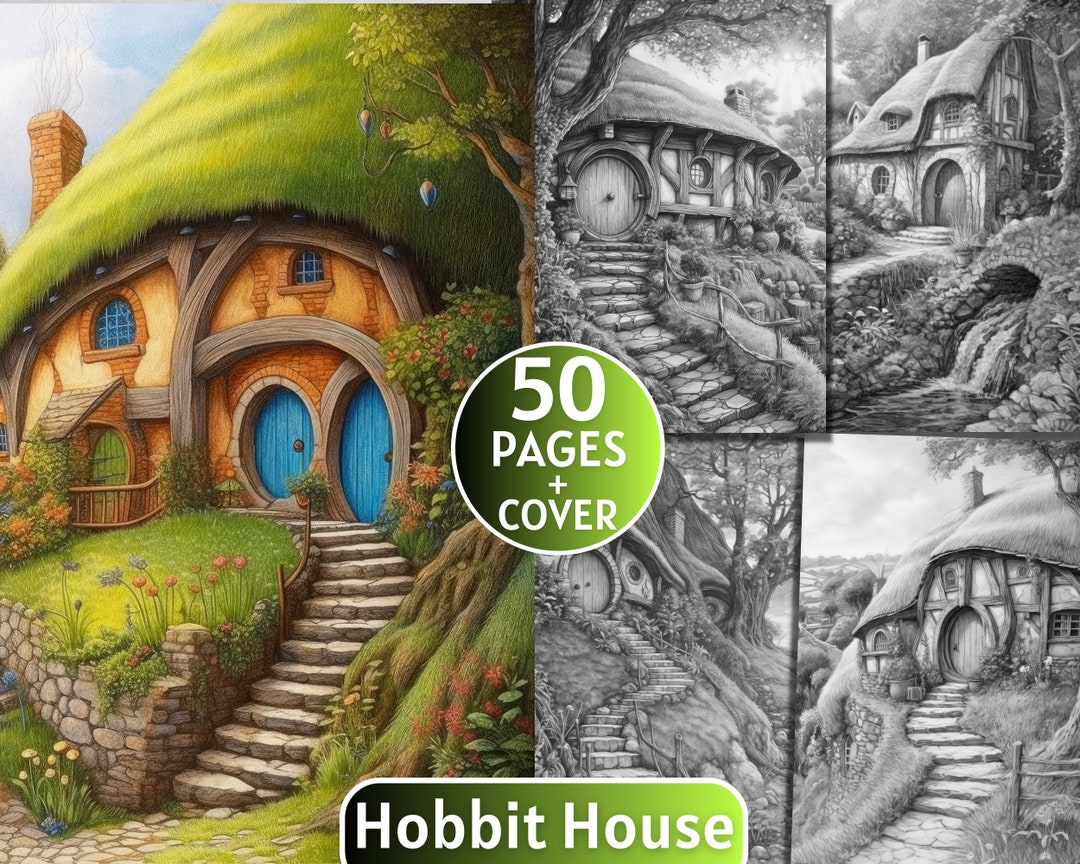 50 Hobbit House Coloring Book, Grayscale Coloring Book for Adults and ...