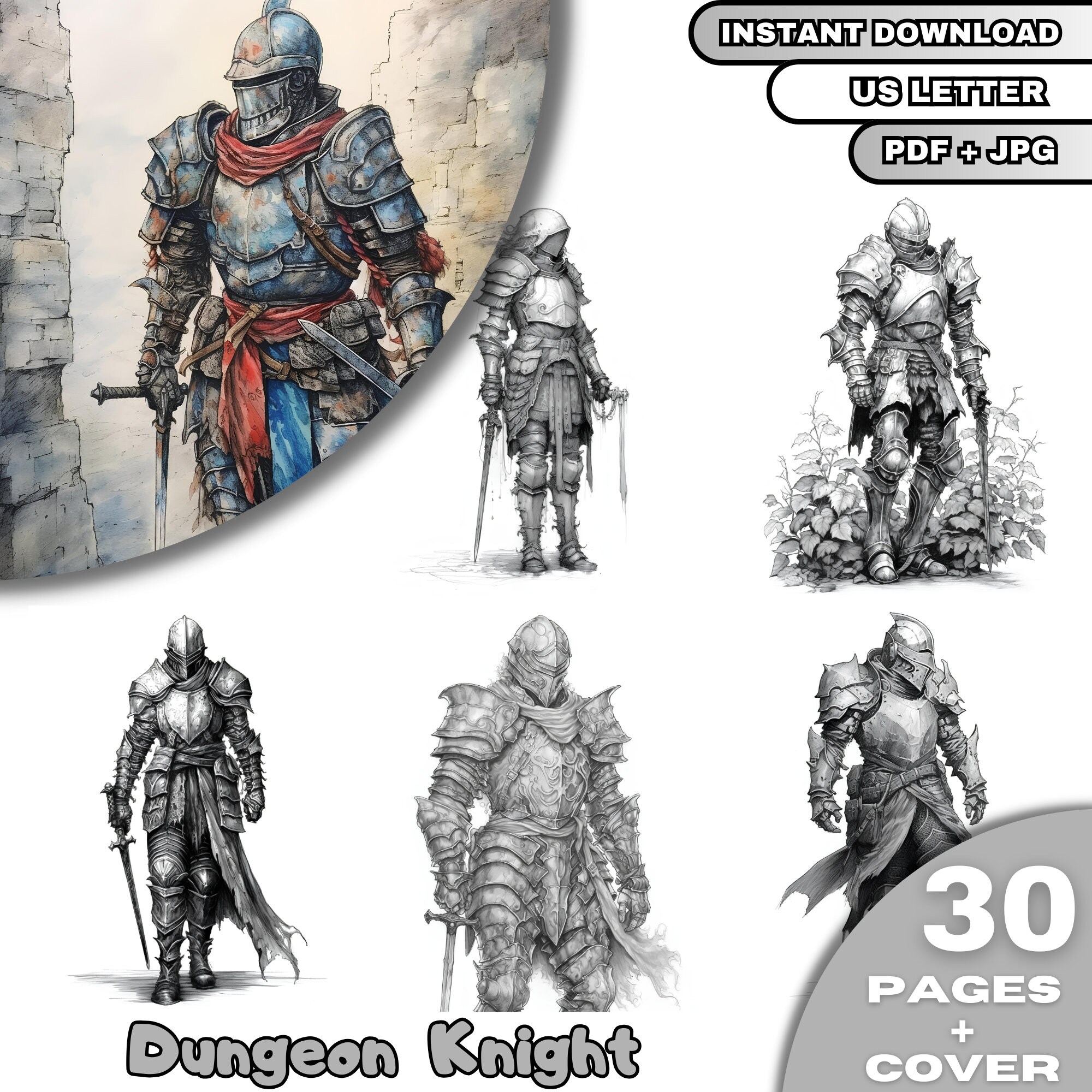 30 Knight Coloring Book, Adults & Kids Coloring Pages, Grayscale Coloring Book, Digital Download ...
