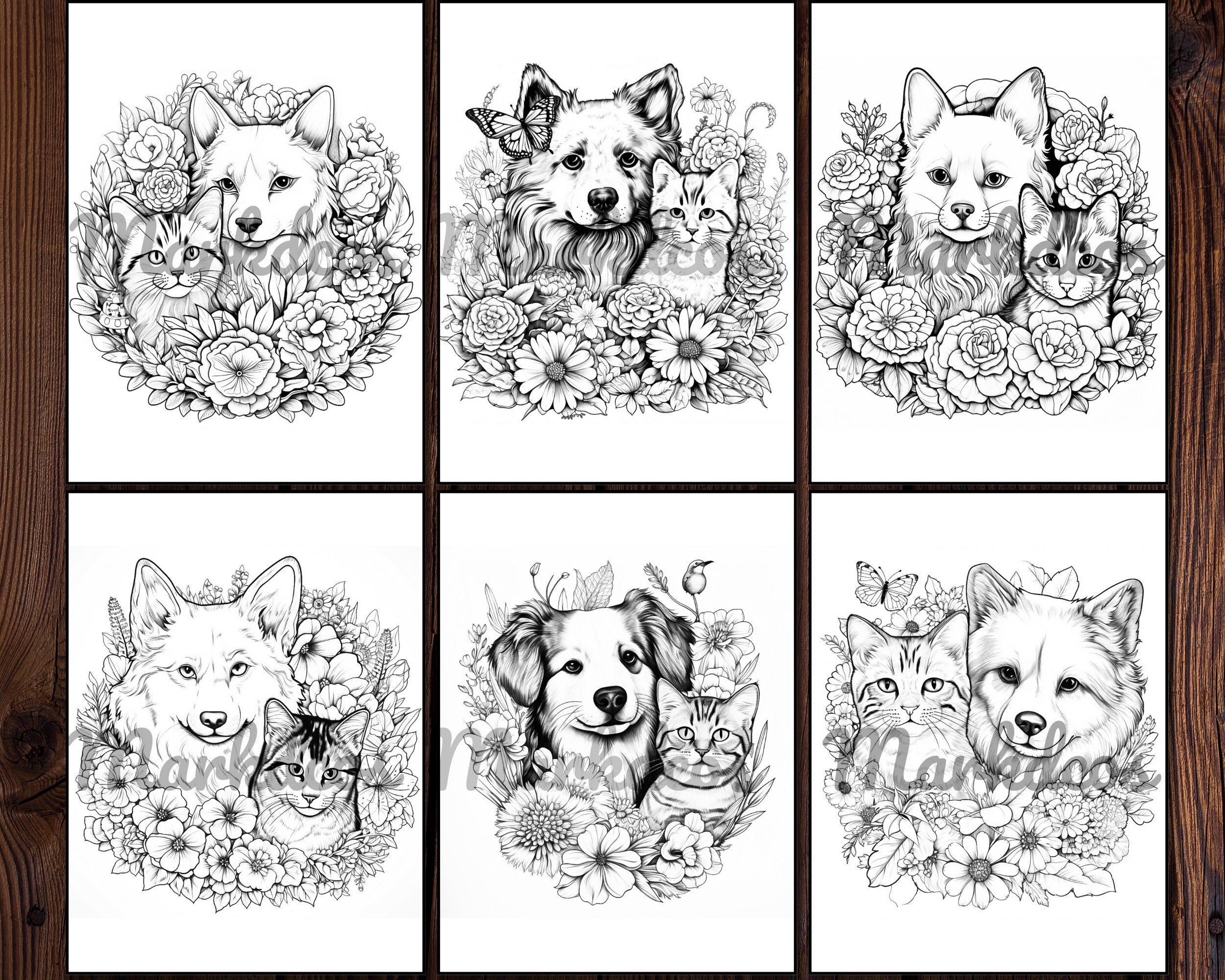 30 Cute Dog and Cat Coloring, Adults & Kids Coloring Pages, Grayscale ...