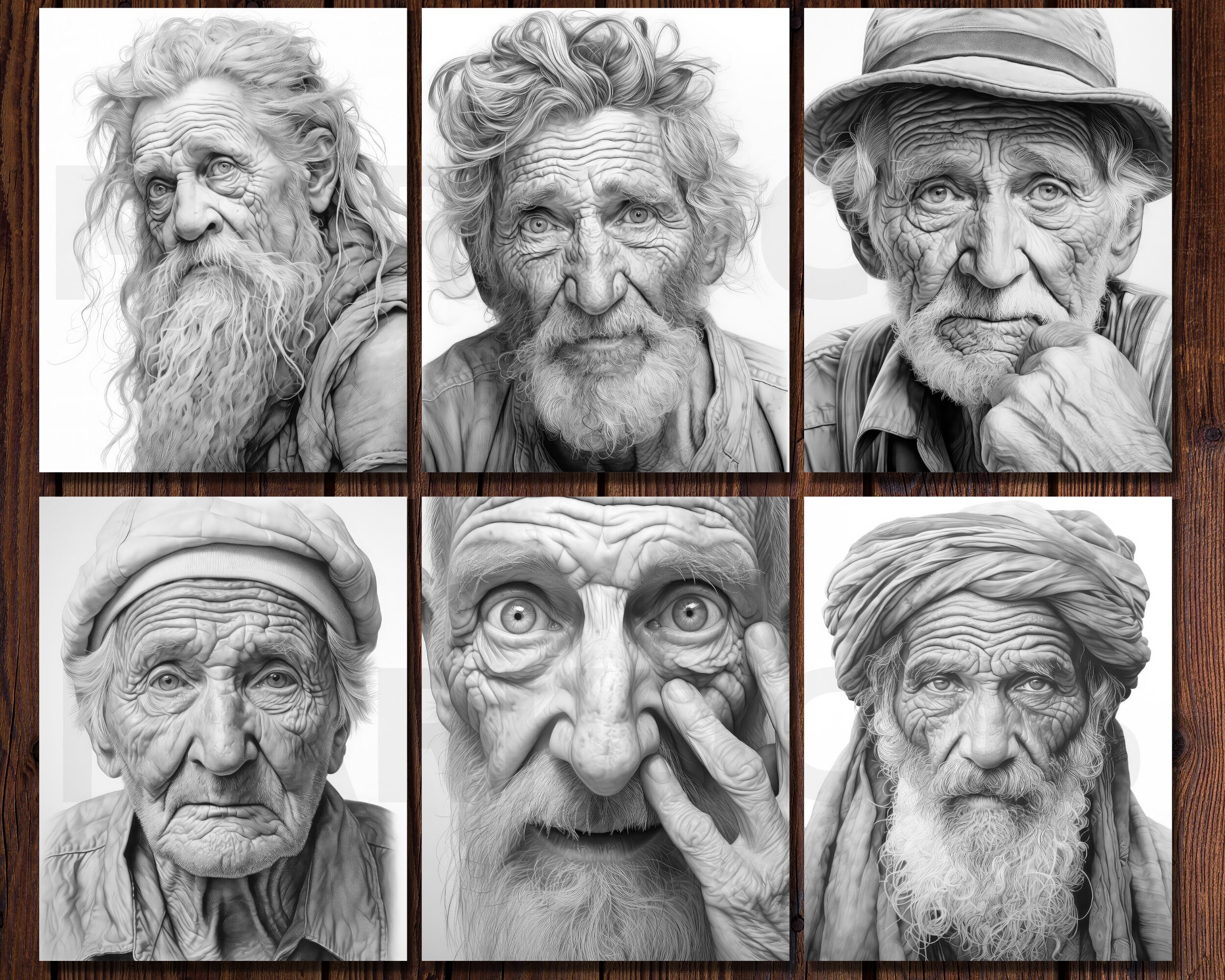 40 Old Wrinkled Men Coloring Book, Grayscale Coloring Book for Adults ...