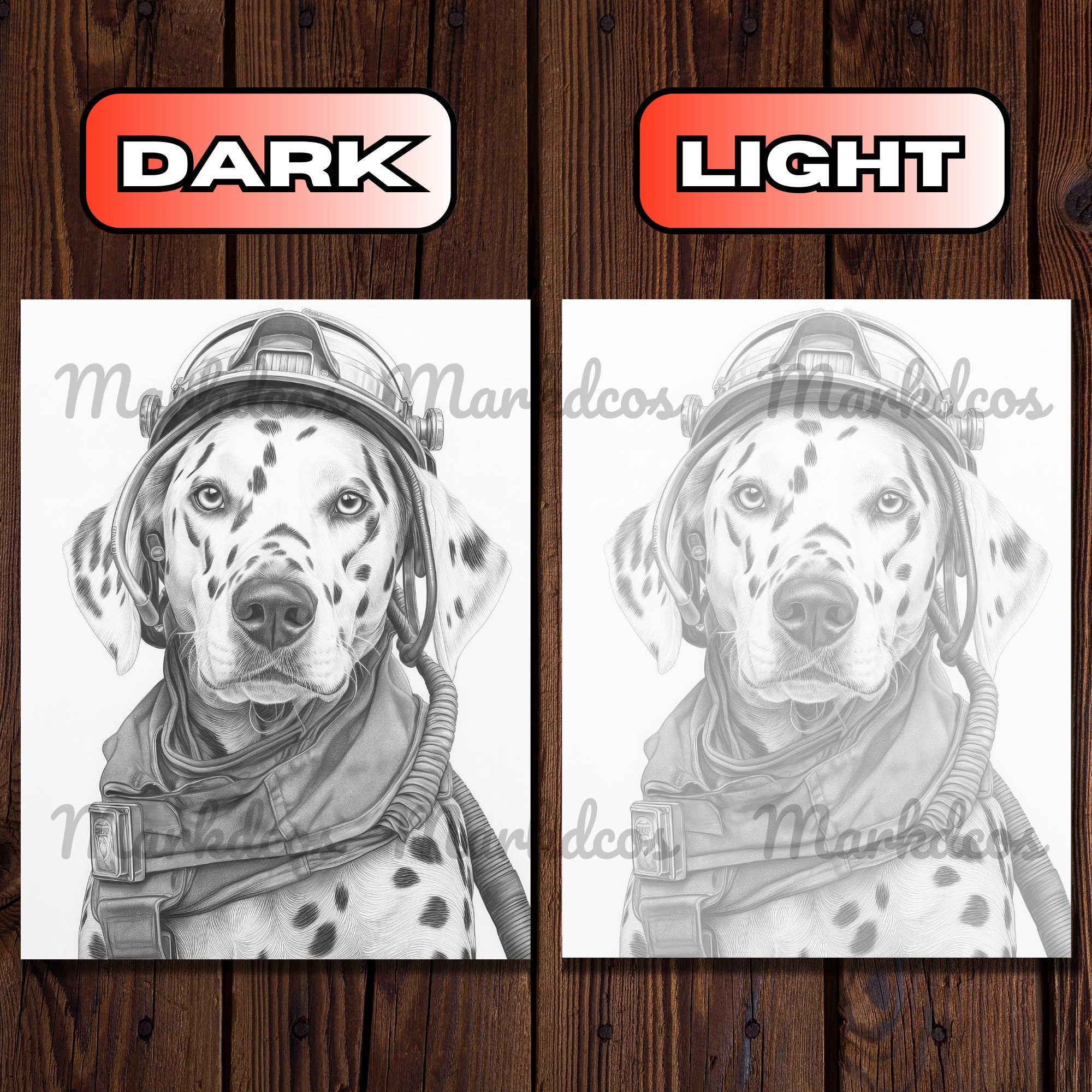 44 Dalmatian Firefighter Dog Coloring Book, Grayscale Coloring Book for ...