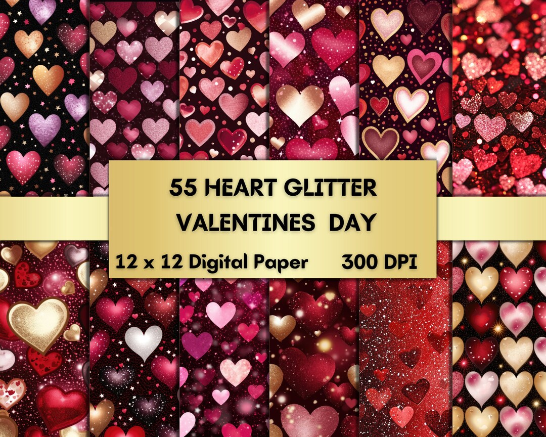 Heart Glitter Valentine's Day Digital Paper, Romantic Valentine Love ...