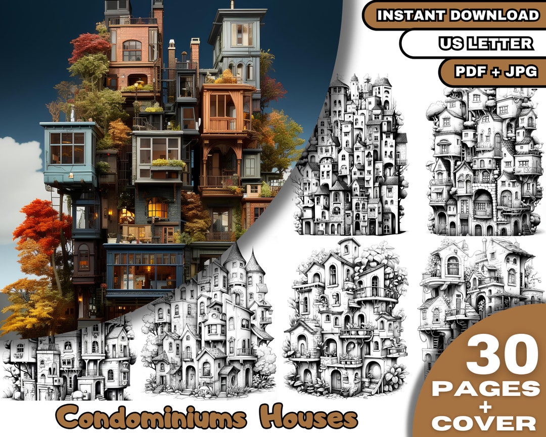 30 Condominiums Coloring, Adults & Kids Coloring Pages, Grayscale ...