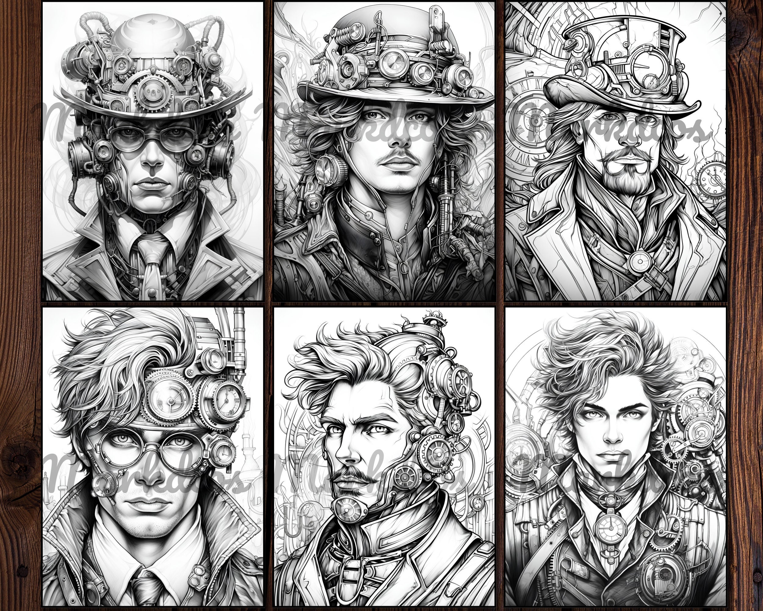 70 Steampunk Men Coloring Book, Adults & Kids Coloring Pages, Grayscale ...