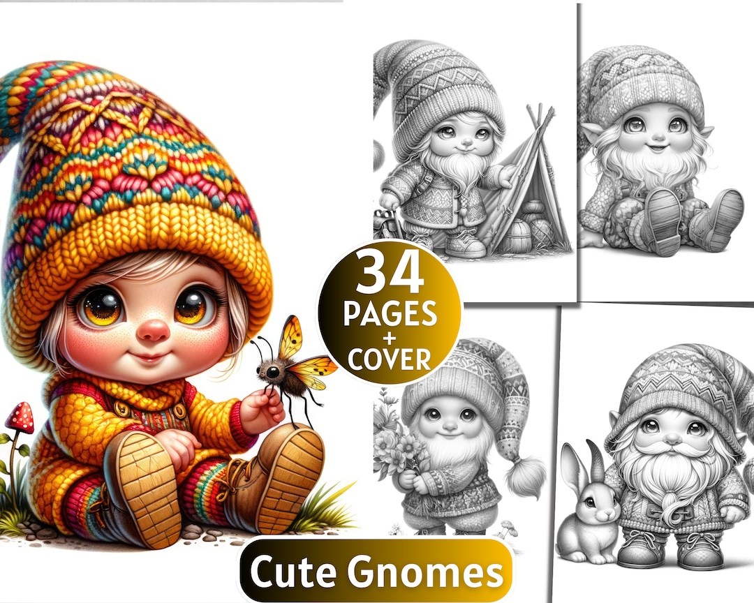 34 Cute Gnomes Coloring Book | Grayscale Coloring Book for Adults and ...