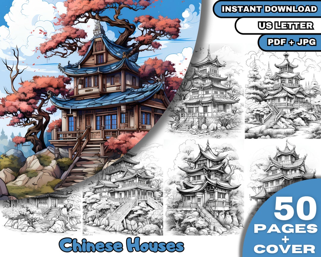 50 Chinese Houses Coloring, Adults & Kids Coloring Pages, Grayscale ...