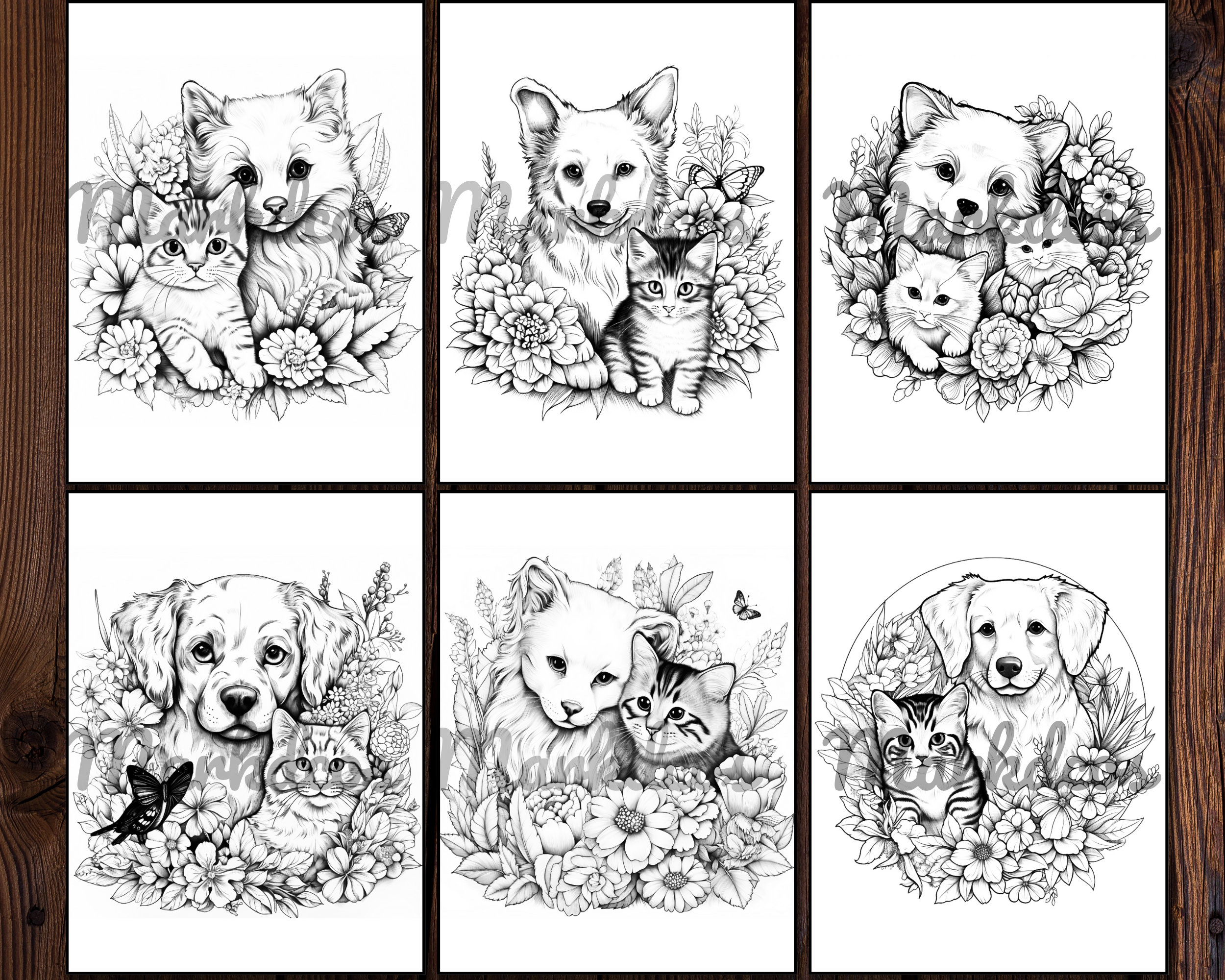 30 Cute Dog and Cat Coloring, Adults & Kids Coloring Pages, Grayscale ...