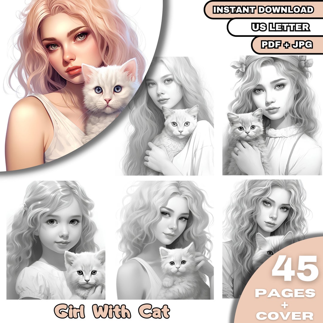 45 Girl With Cat Coloring Book Adults & Kids Coloring Pages - Etsy