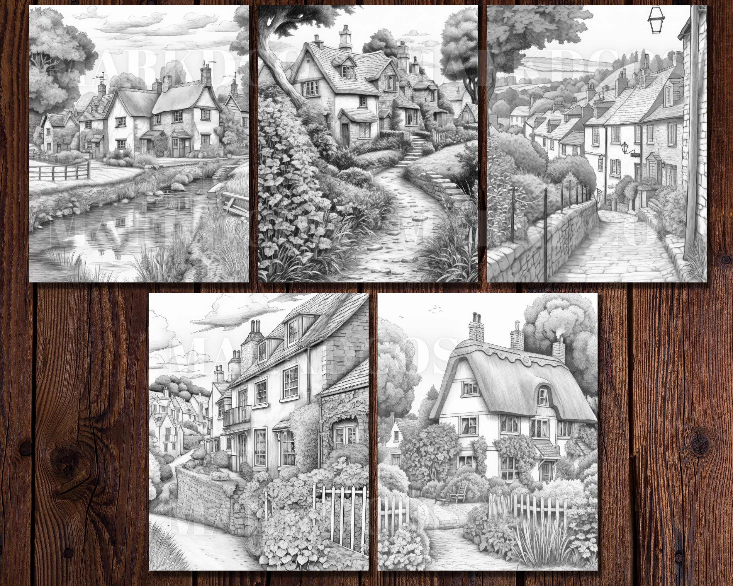 41 English Countryside Coloring Book, Grayscale Coloring Book for ...