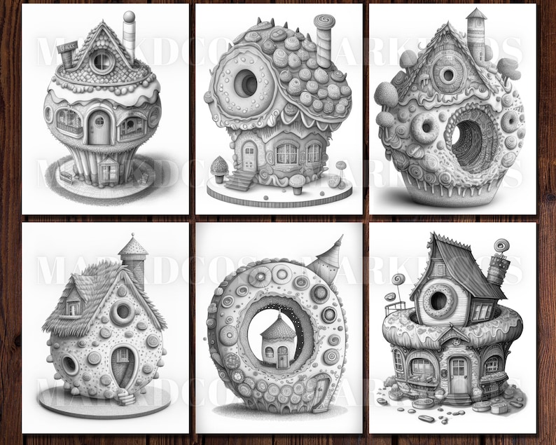 54 Donut House Coloring Book Grayscale Coloring Book for Adults and Kids Candy House Coloring ...