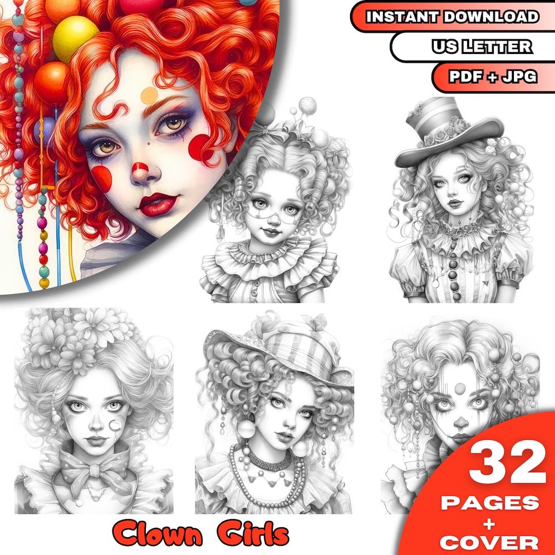 32 Clown Girls Coloring Book, Grayscale Coloring Book for Adults and ...