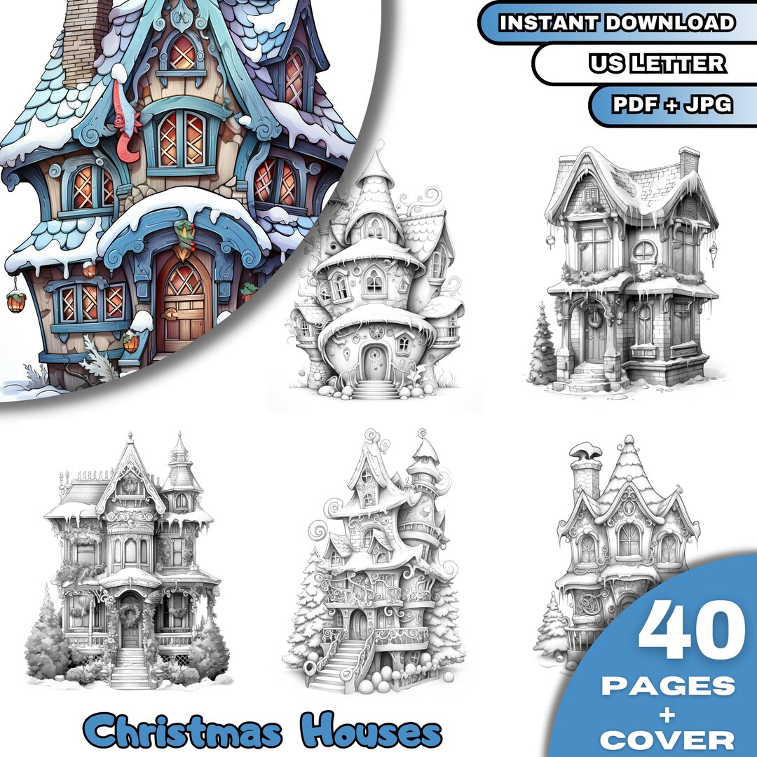 40 Christmas Houses Coloring Book, Adults & Kids Coloring Pages ...