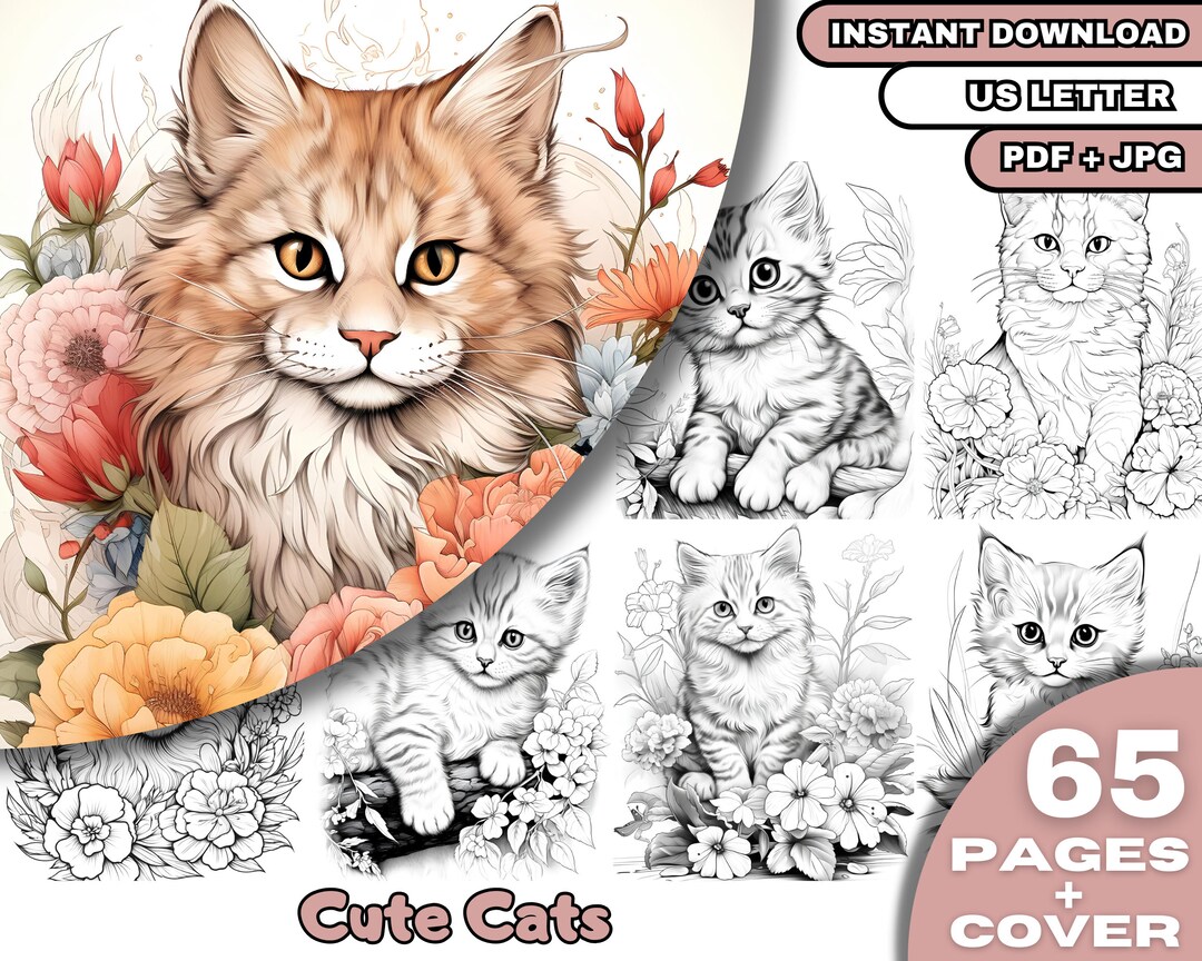 65 Cute Cats Coloring Book, Adults & Kids Coloring Pages, Grayscale ...