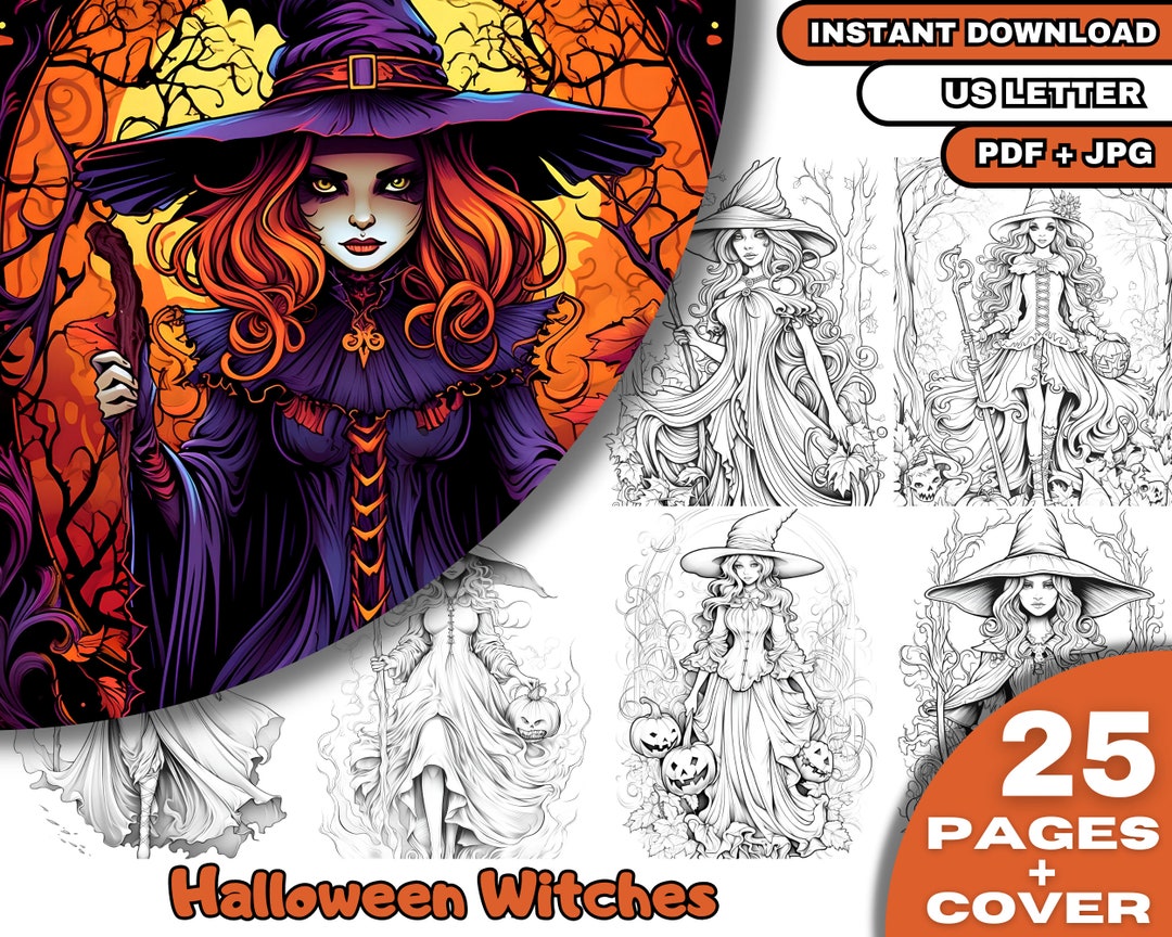 25 Halloween Witches Coloring Book, Adults & Kids Coloring Pages ...