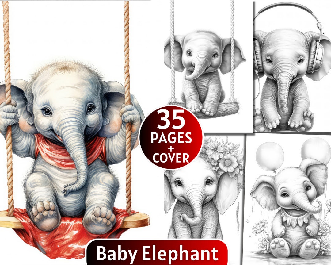 25 Baby Elephant Coloring Pages, Grayscale Coloring Book for Adults and ...