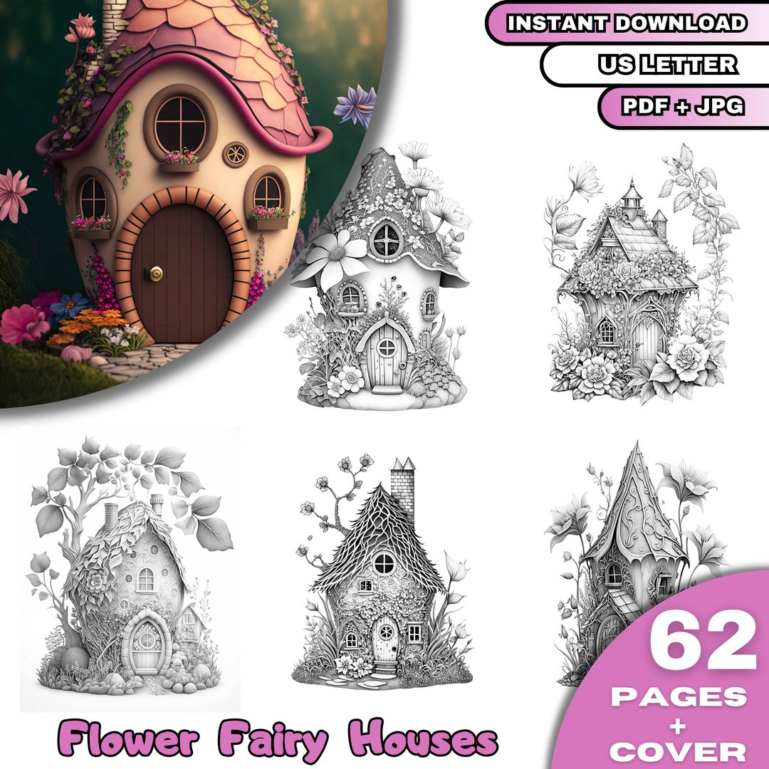 62 Flower Fairy Houses Coloring Pages, Grayscale Coloring Book for ...