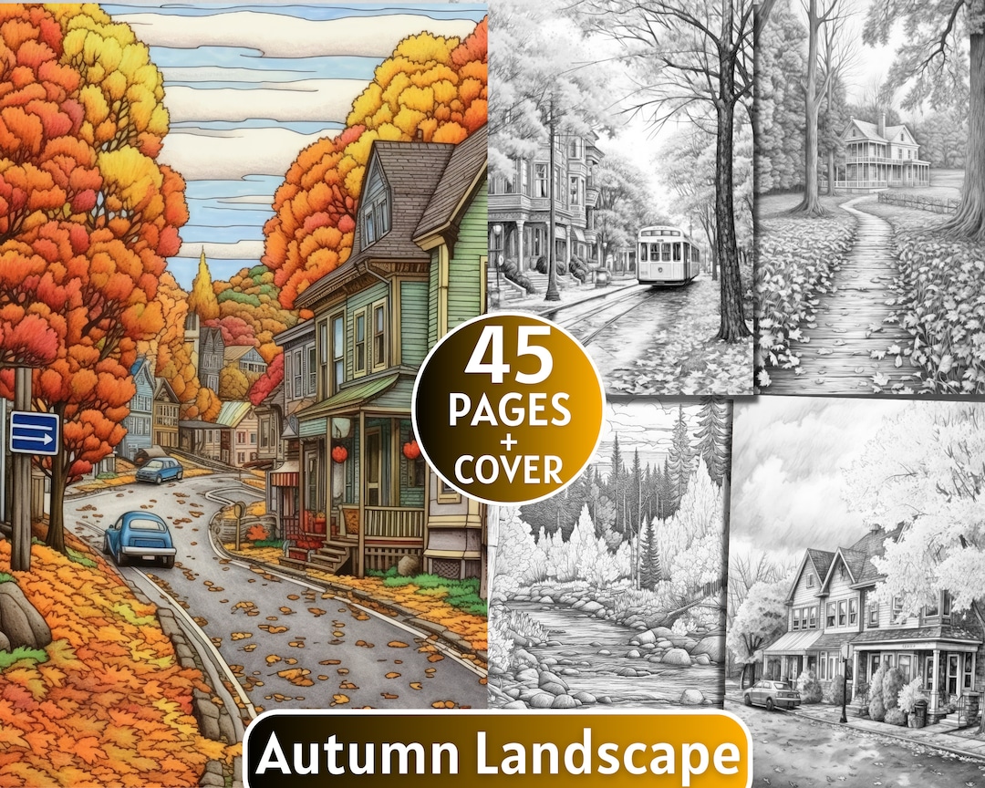 45 Autumn Landscape Coloring Book, Grayscale Coloring Book for Adults ...