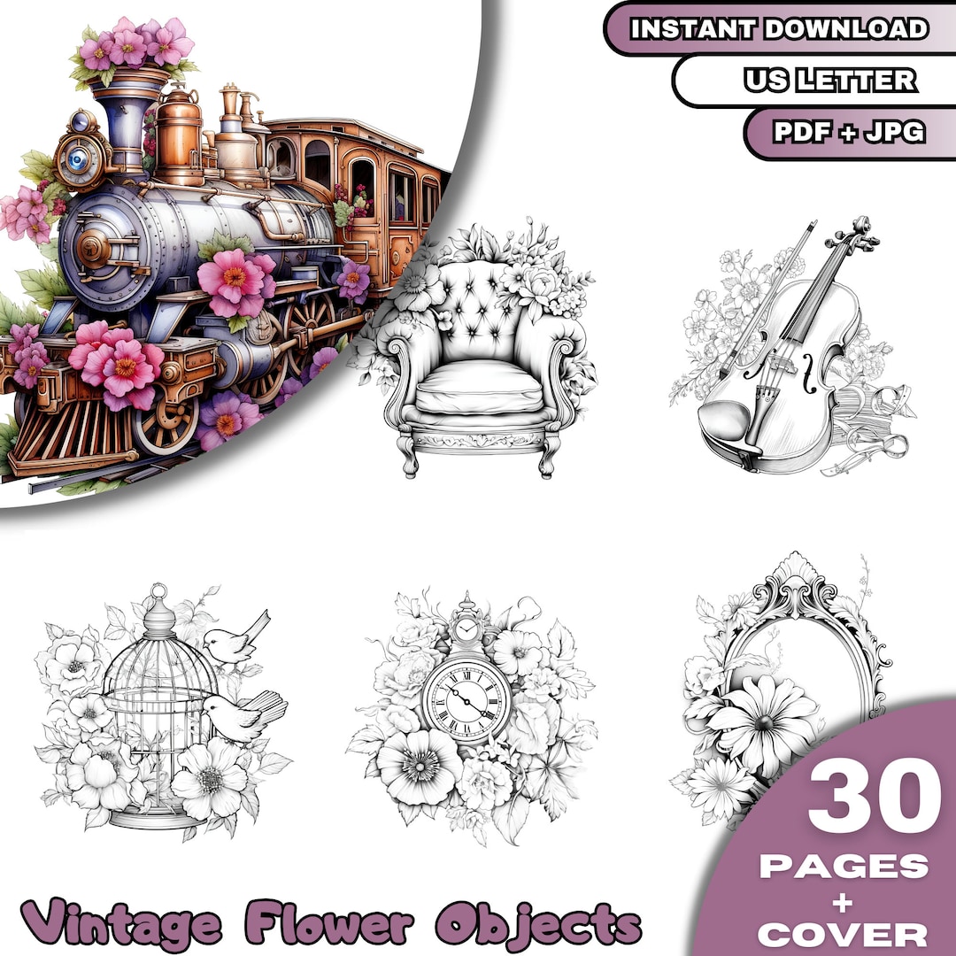30 Vintage Flower Objects Coloring Book, Adults & Kids Coloring Pages ...