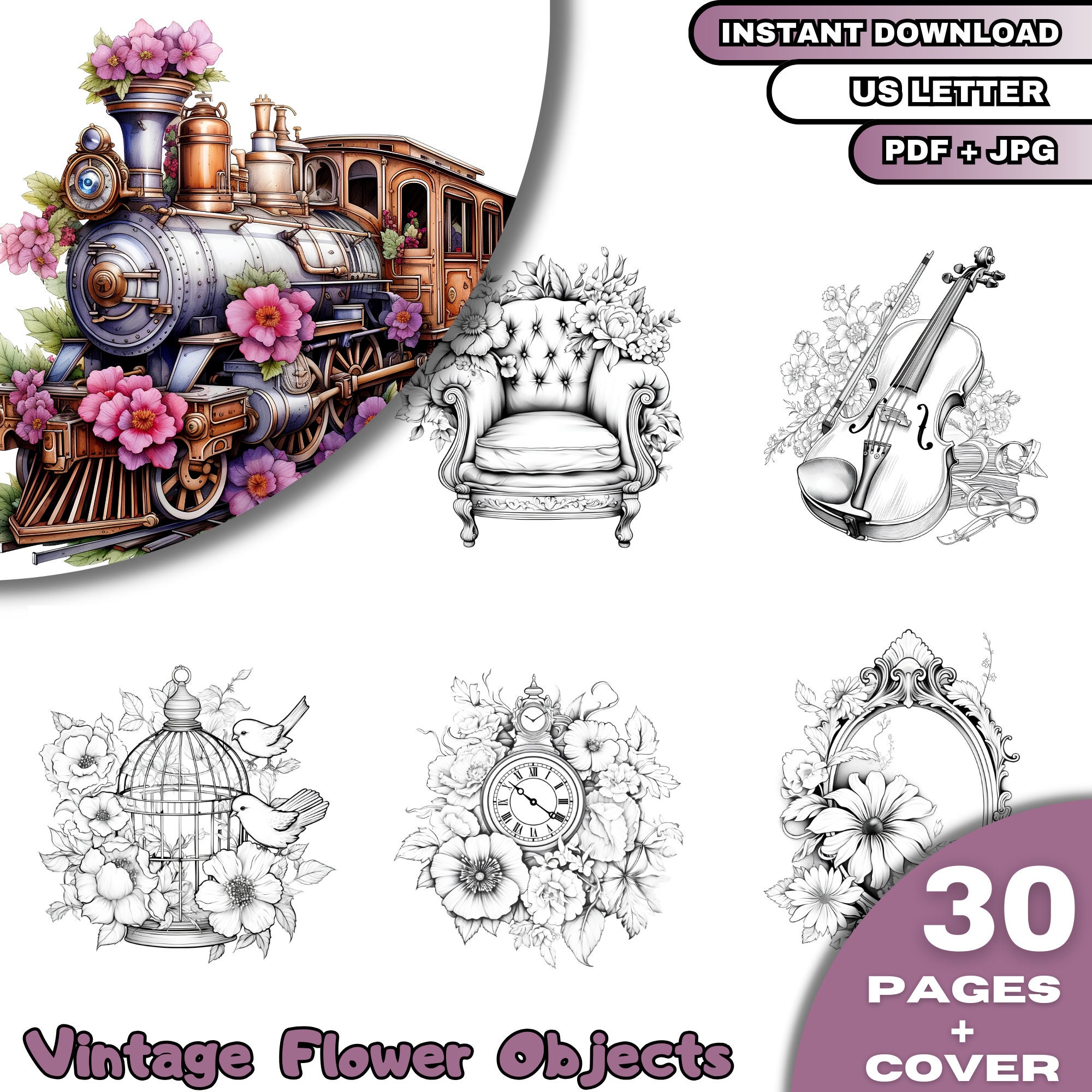 30 Vintage Flower Objects Coloring Book Adults & Kids - Etsy