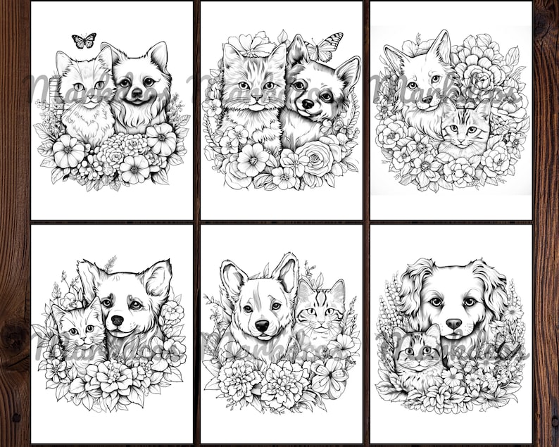 30 Cute Dog and Cat Coloring, Adults & Kids Coloring Pages, Grayscale ...