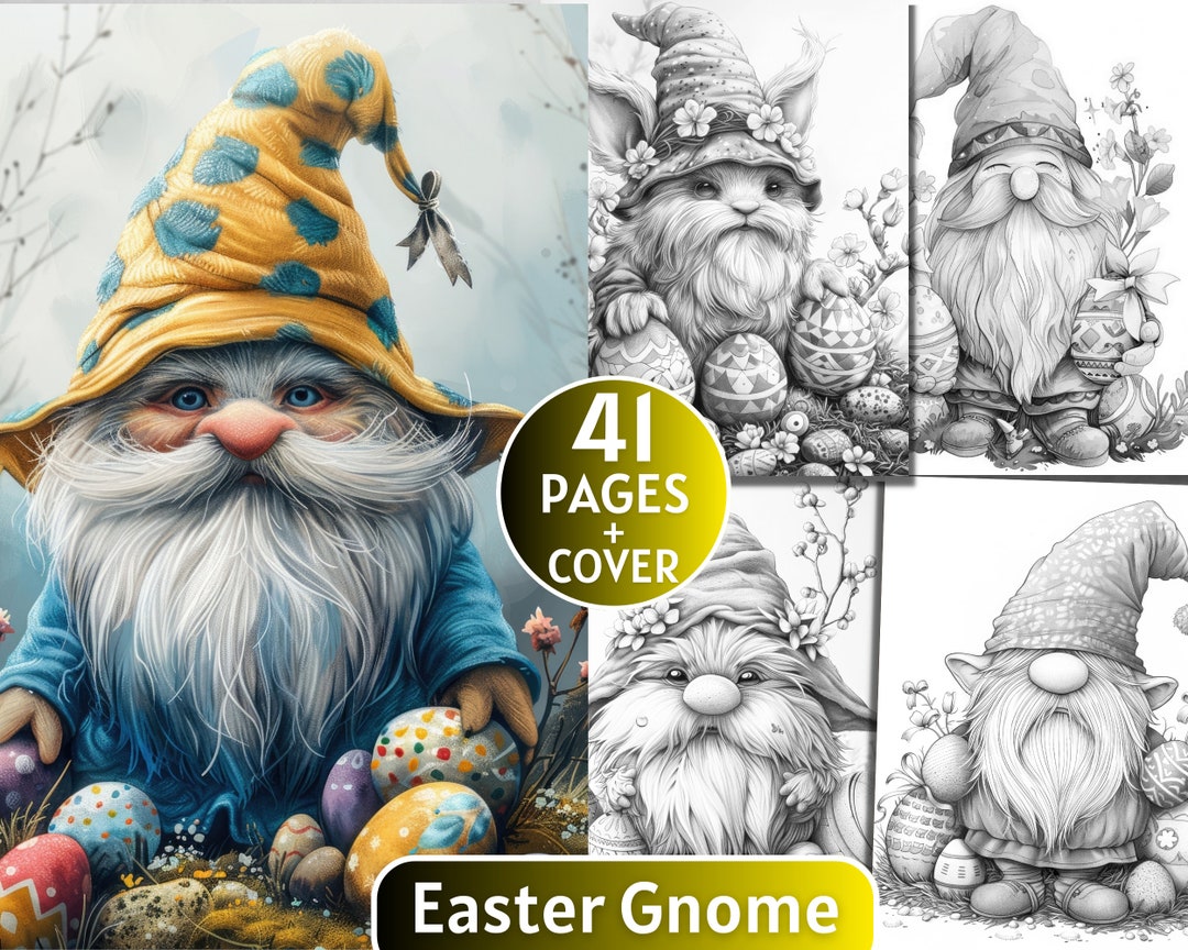 41 Easter Gnome Coloring Pages, Grayscale Coloring Book for Adults and ...