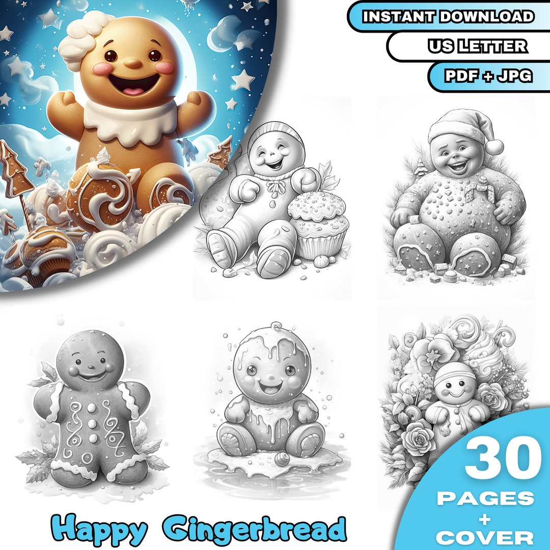 30 Happy Gingerbread Coloring Book, Grayscale Coloring Book for Adults ...